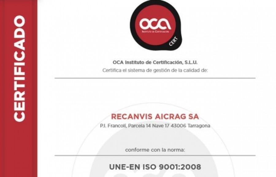 Recanvis Aicrag obtiene la certificación de calidad ISO 9001:2008 Recanvis Aicrag obtiene la certificación de calidad ISO 9001:2008